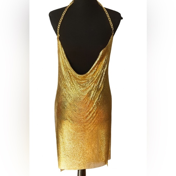 Dresses | Gold Chainmail Backless Halter Mini Dress Metallic Mesh Party ...